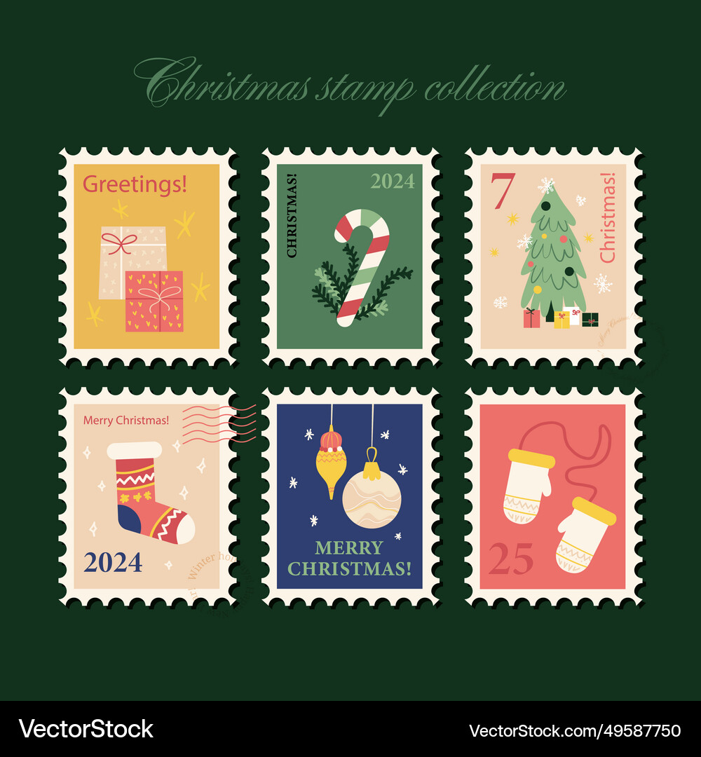 Winter christmas presents postal stamps Royalty Free Vector