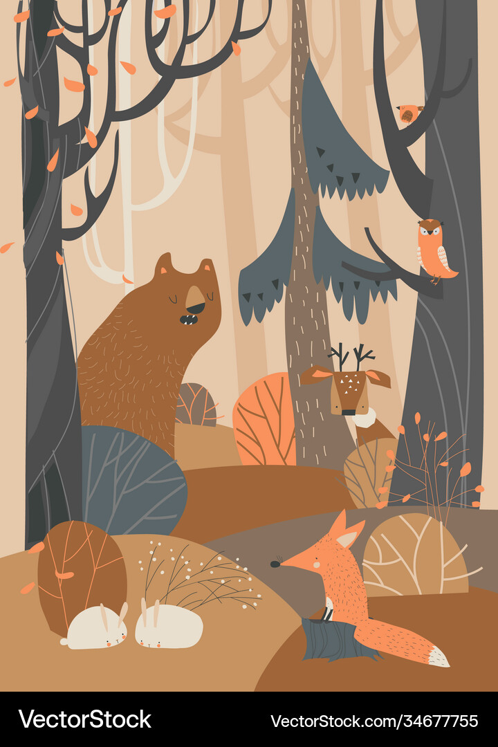 Cartoon cute animals in autumn colored forest Vector Image