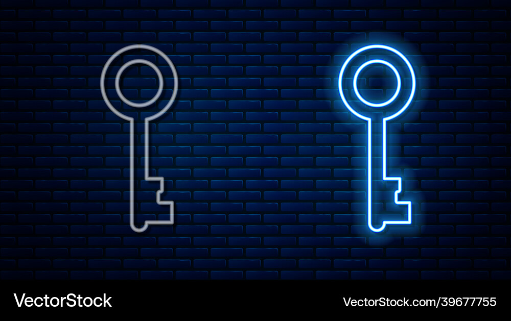 Glowing neon line old key icon isolated on brick Vector Image