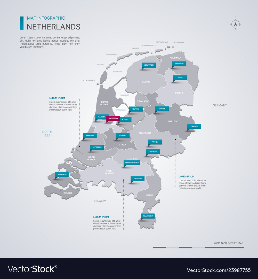 Netherlands map with infographic elements pointer Vector Image