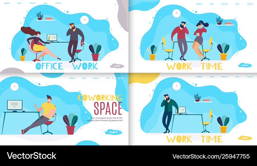 Office work time coworking space landing page set Vector Image
