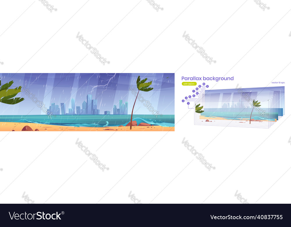 Parallax background with sea beach in rain Vector Image