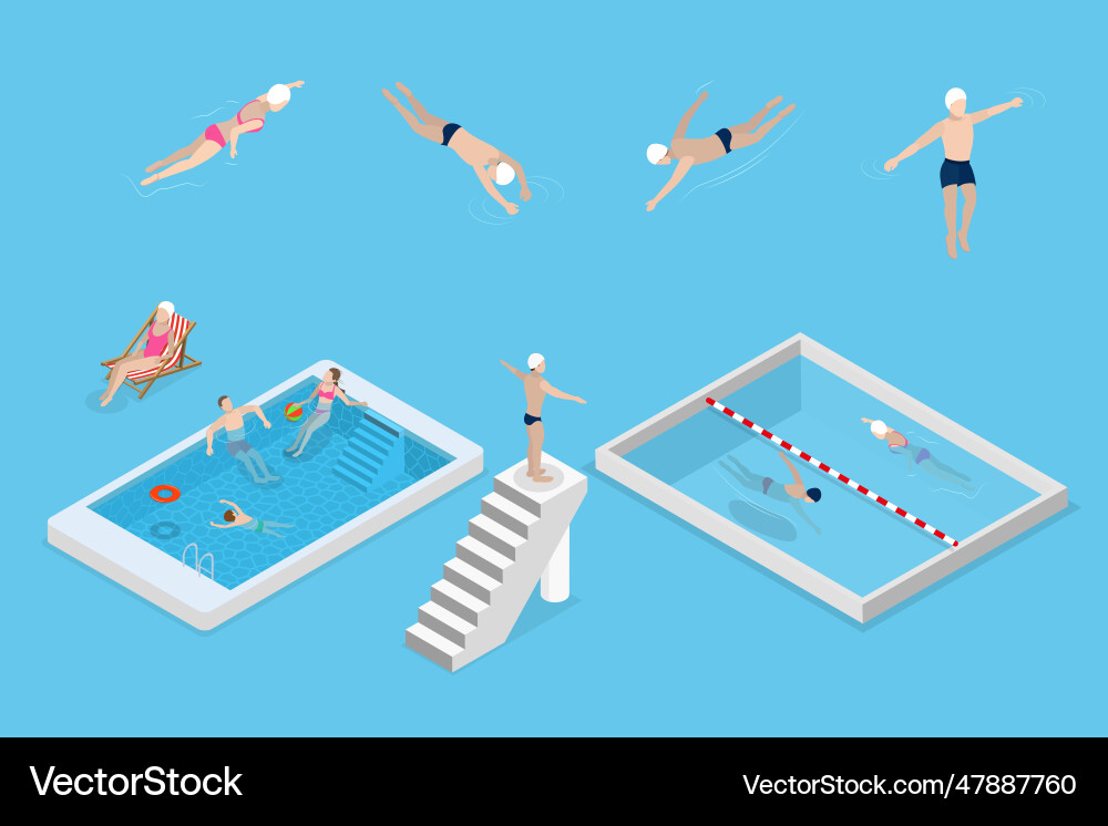 3d isometric flat set of pool swimmers Royalty Free Vector