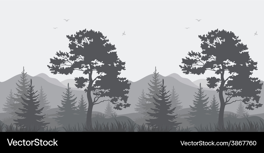 Mountain landscape with trees and birds Royalty Free Vector