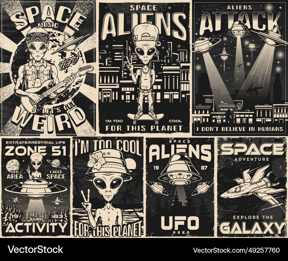 Space adventure set monochrome flyers Royalty Free Vector