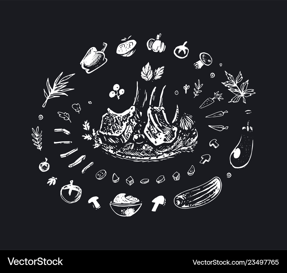 Grilled pork ribs chalk drawing art Royalty Free Vector