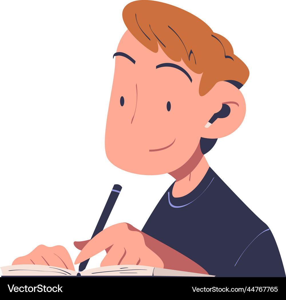 Man character with earphones writing something Vector Image