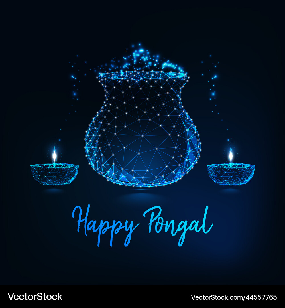 Pongal greeting card with glowing low poly pot Vector Image