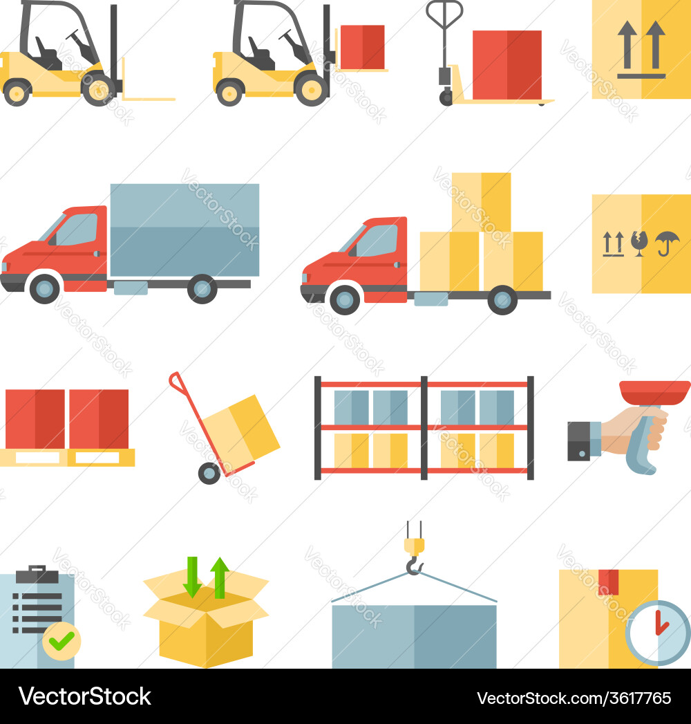 Warehouse transportation and delivery flat icons Vector Image