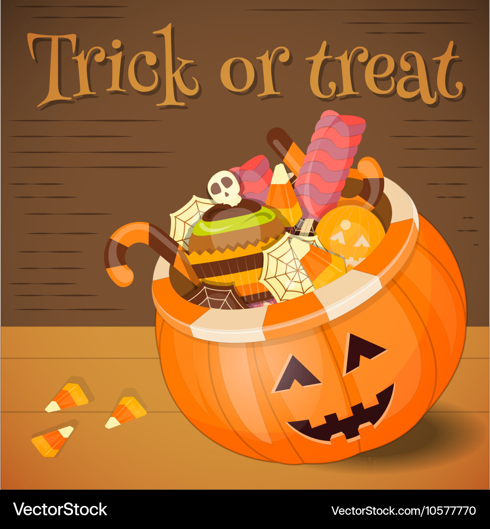 Jack-o-lantern candy basket with pile colorful Vector Image