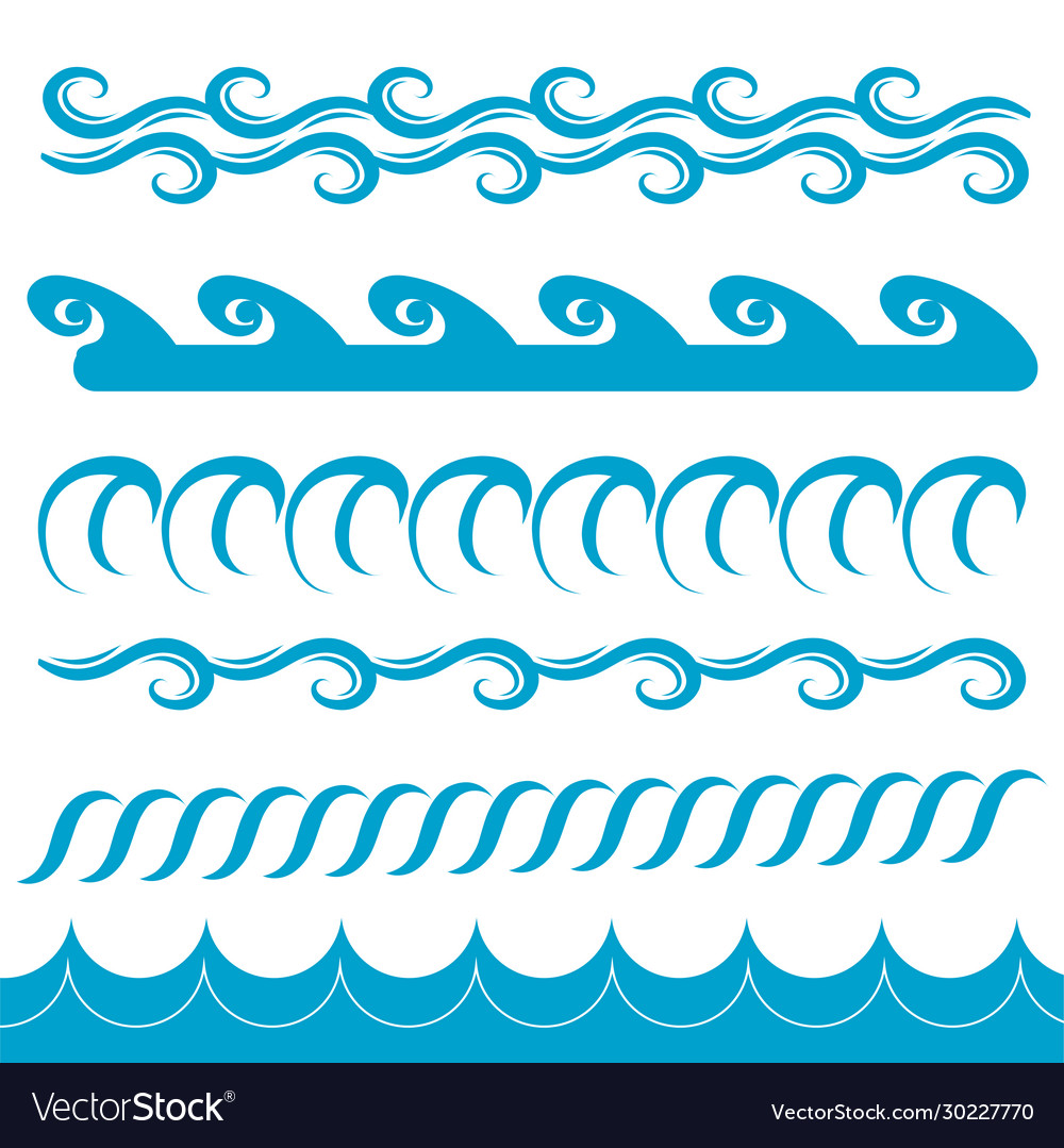 Set simple waves sea blue flat style Royalty Free Vector