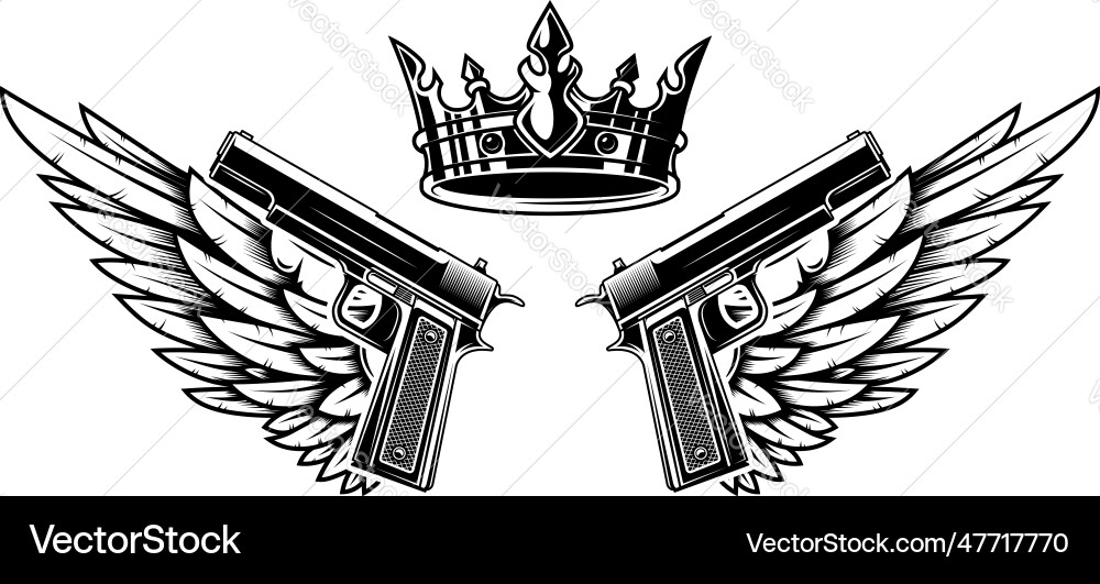 Two guns and wings with king crown design element Vector Image