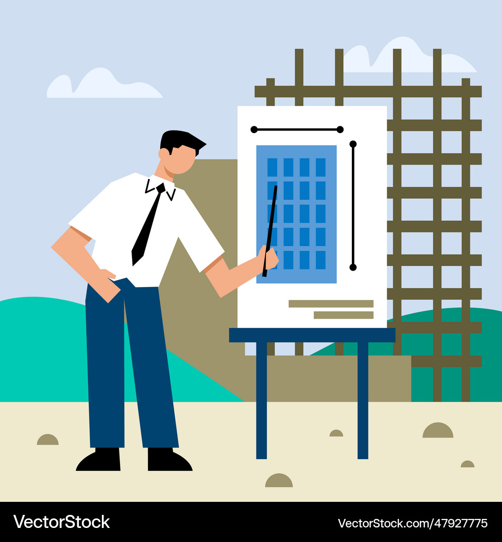Architect standing near project of building Vector Image