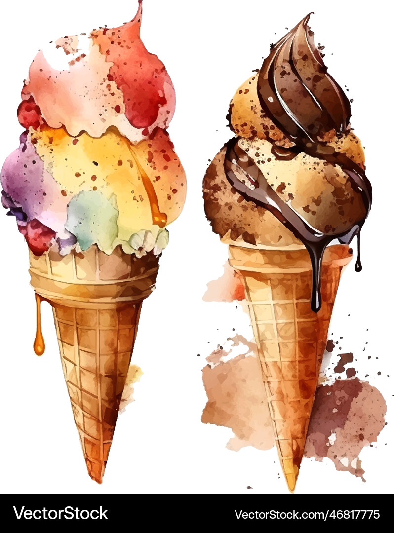 Chocolate ice cream waffle cone watercolor Vector Image