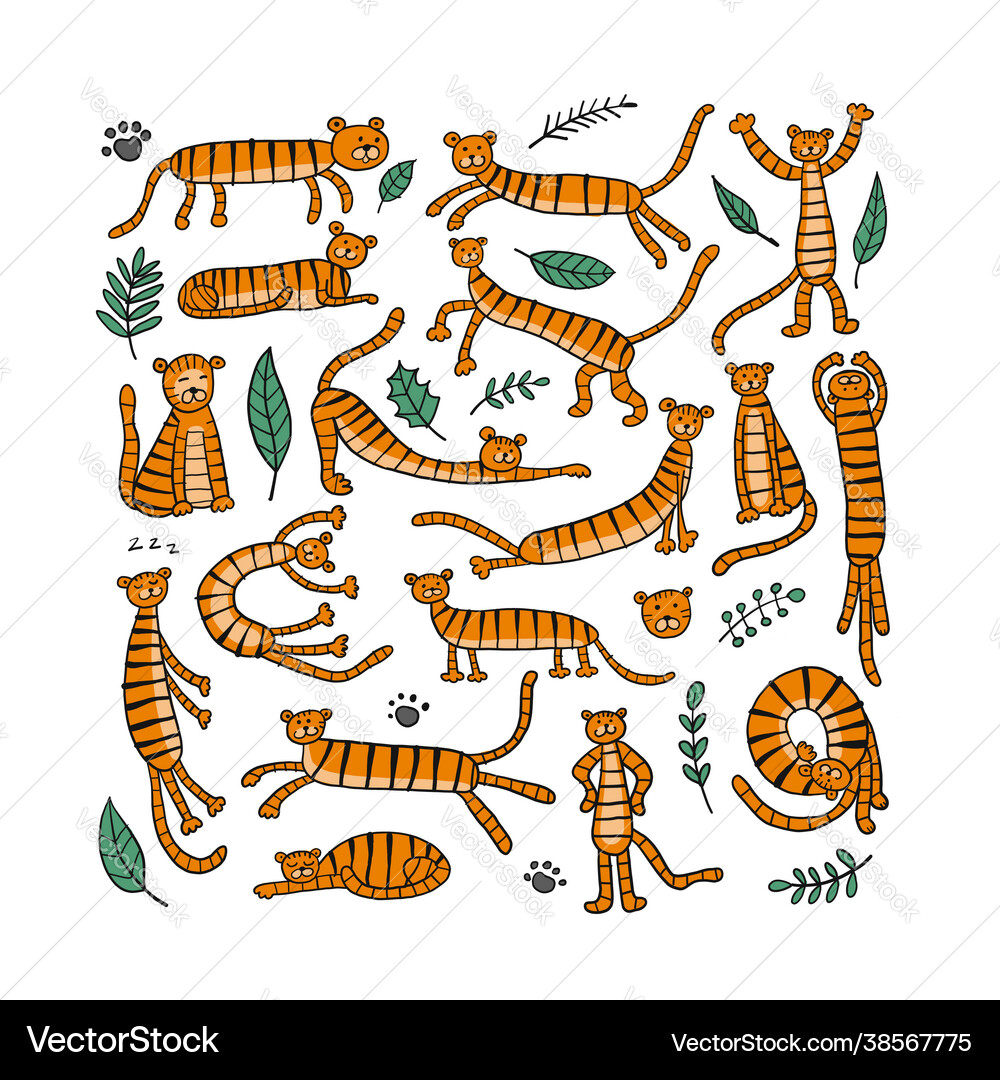 Collection tigers and tropical leaves for your Vector Image