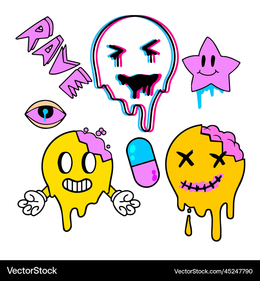 Acid smile face with brain melted rave set Vector Image