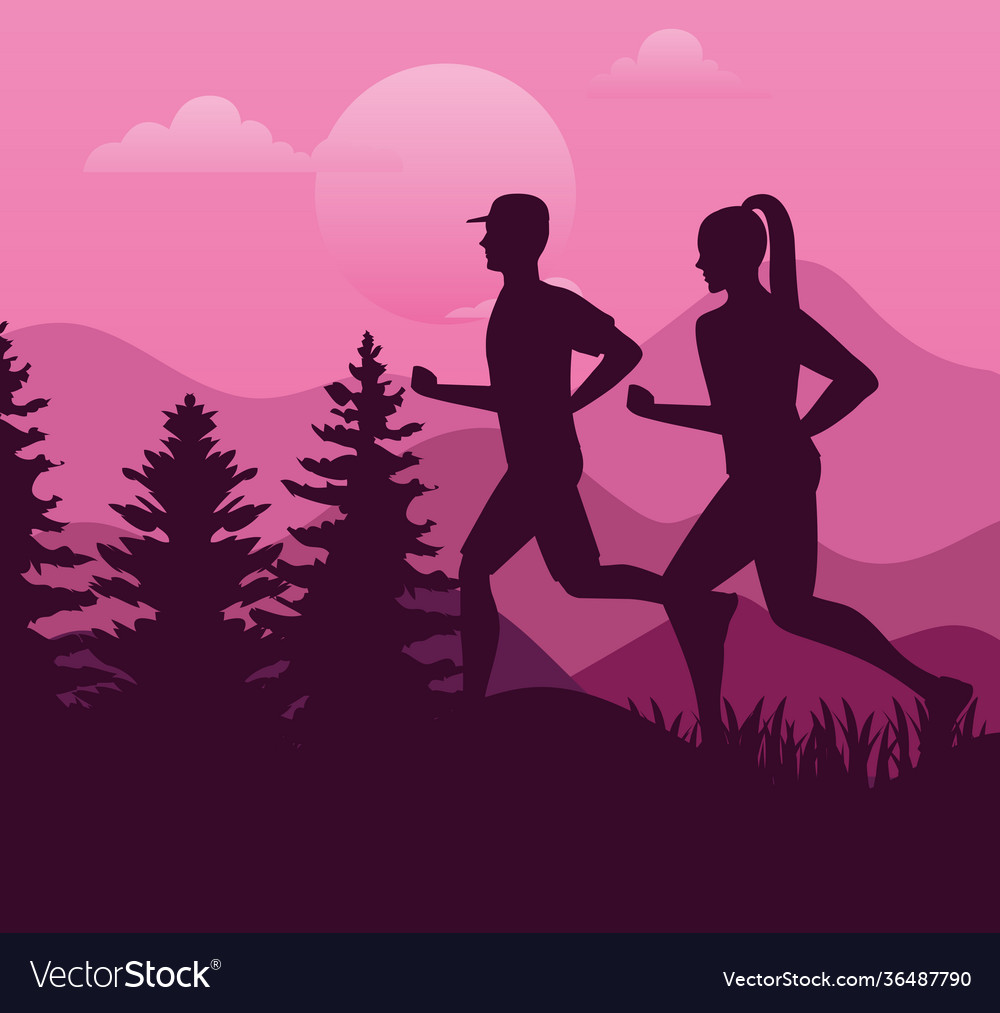 Couple athletes running sport silhouettes Vector Image