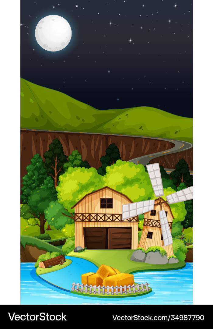 Farm scene with barn and windmill at night Vector Image