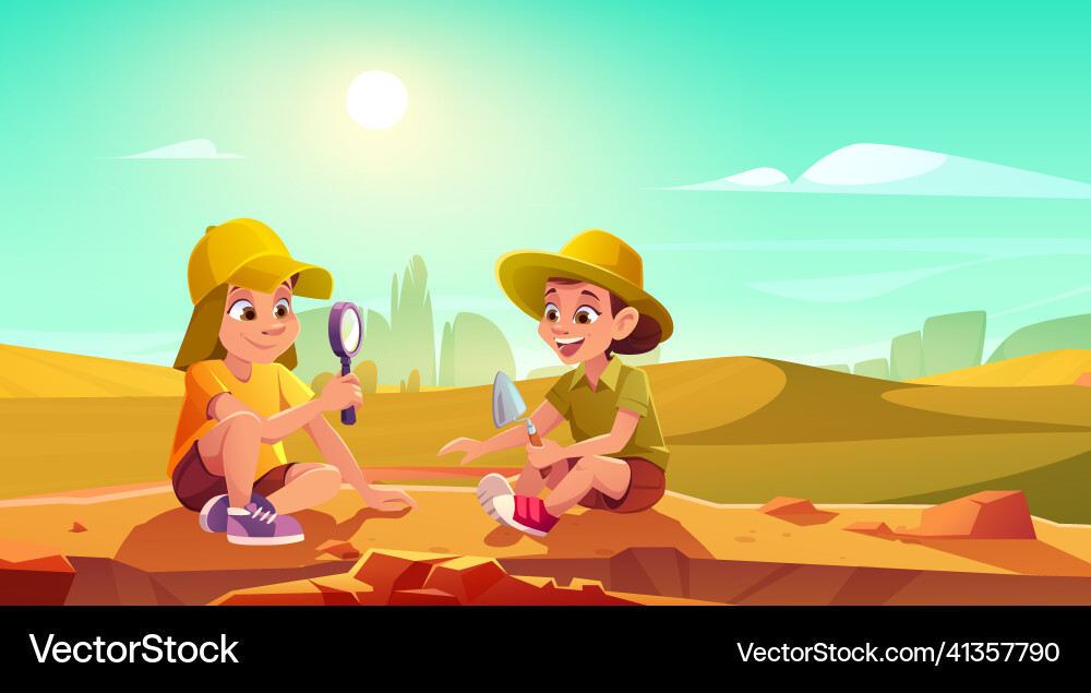 Kids playing in archaeologists in sandbox Vector Image