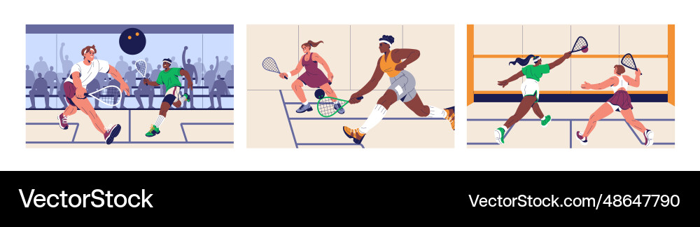 Squash match set young tennis players with racket Vector Image