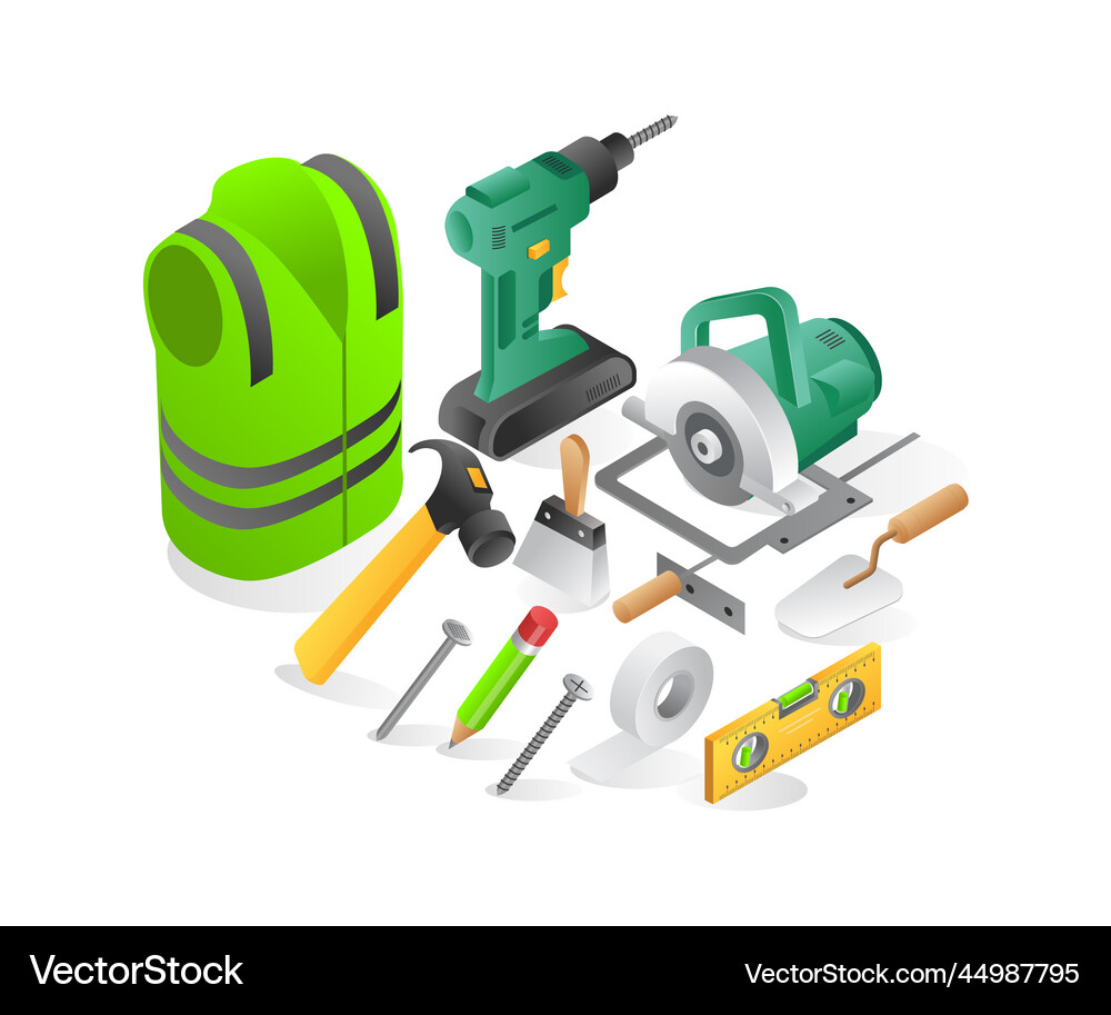 Flat isometric concept of a set of builder tools Vector Image
