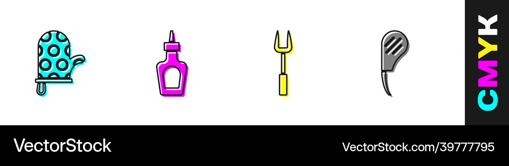 Set oven glove sauce bottle barbecue fork Vector Image