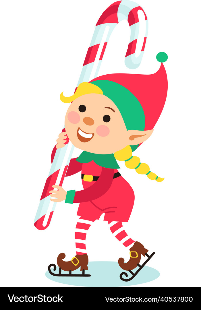 Cute christmas elf ice skating with candy cane Vector Image