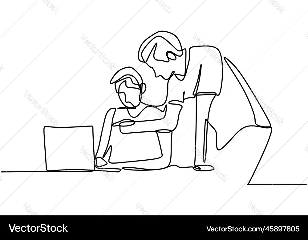 Continuous line drawing of two men discussing Vector Image