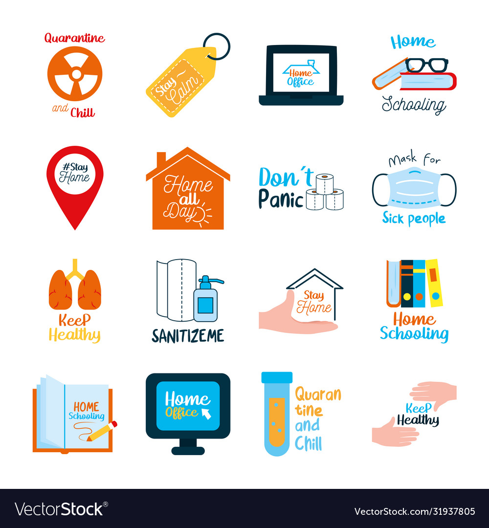 Home schooling and coronavirus messages icon set Vector Image