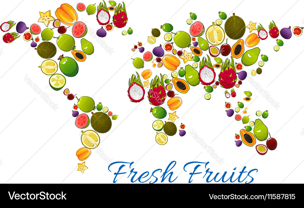 Fresh fruits in world map Royalty Free Vector Image