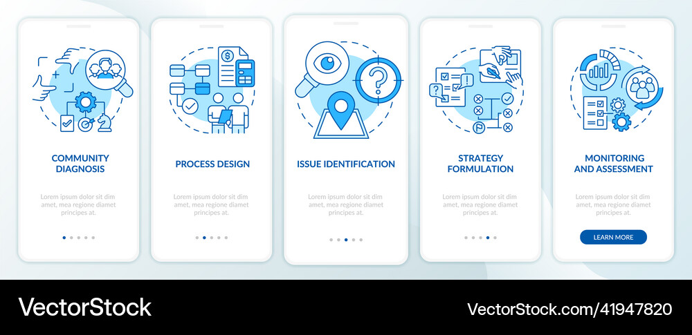 Social planning stages blue onboarding mobile app Vector Image
