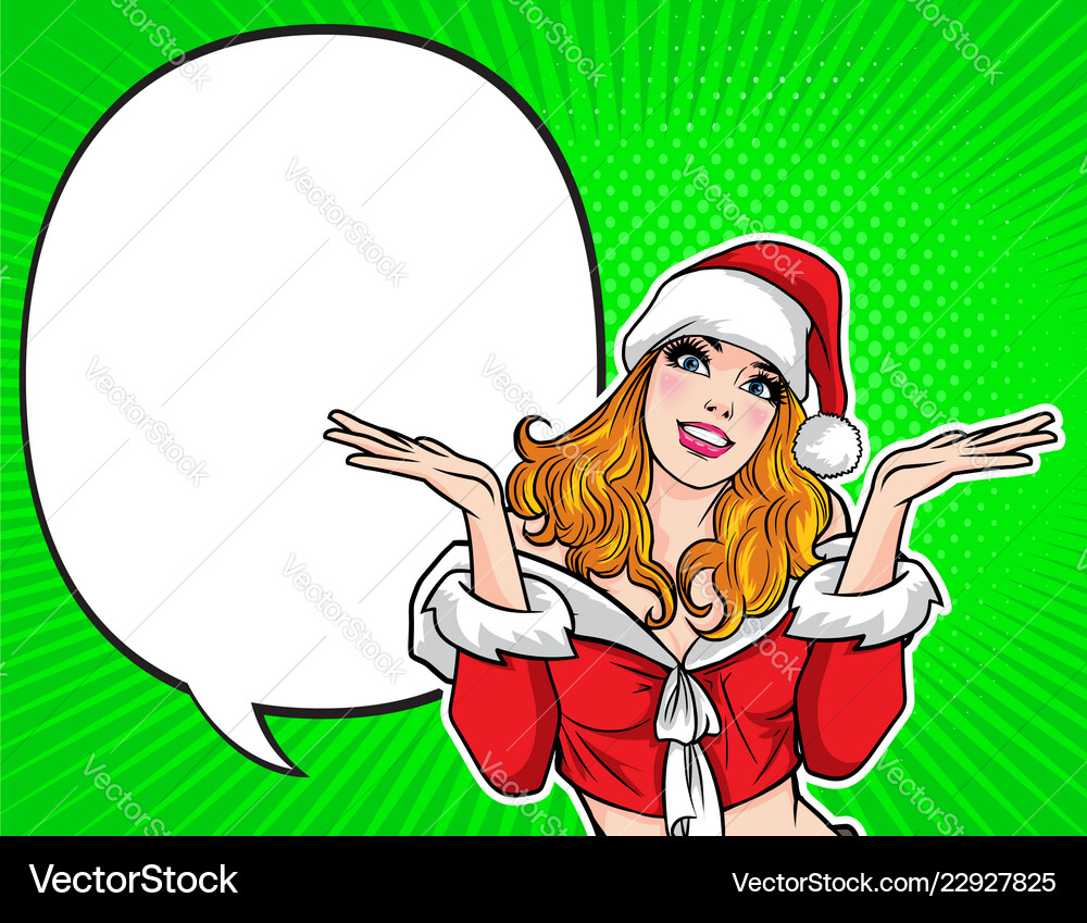 Santa woman smiling gesture presenting something Vector Image