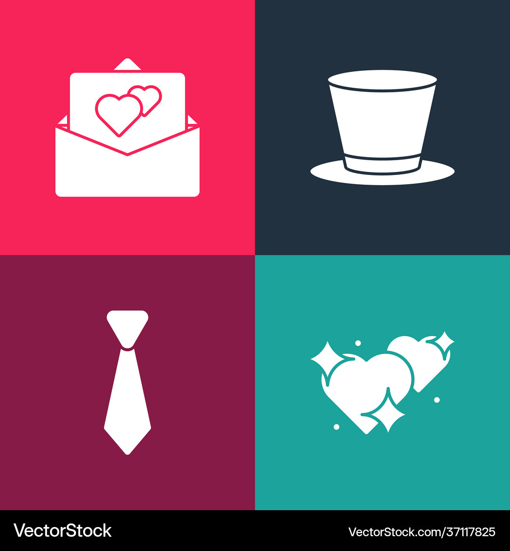 Set pop art two linked hearts tie cylinder hat Vector Image