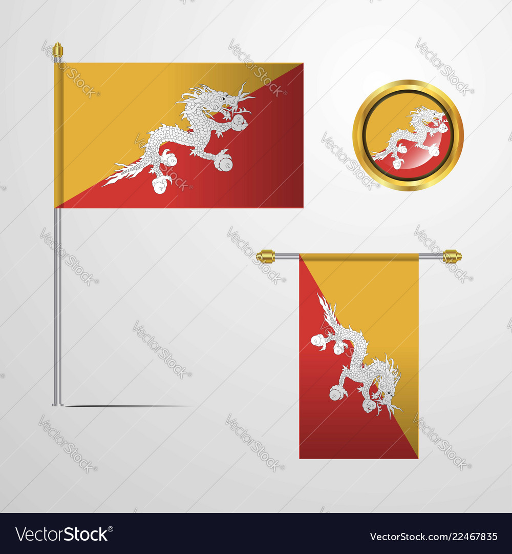 Bhutan waving flag design with badge Royalty Free Vector