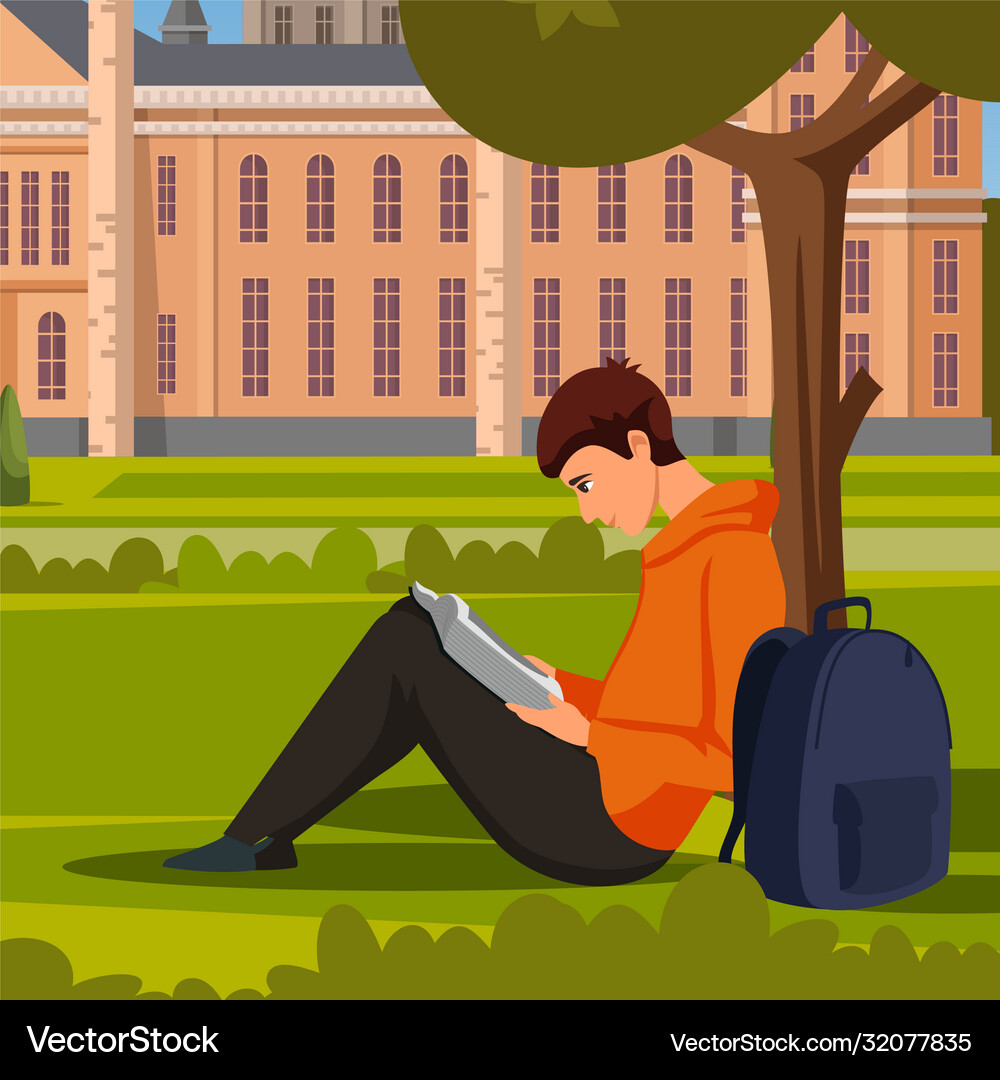 Student reading book in green university park Vector Image