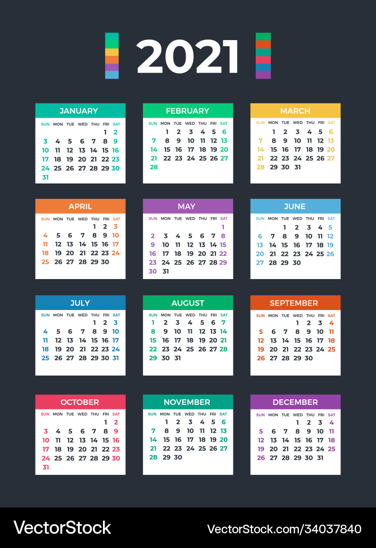 Calendar for 2021 on white background Royalty Free Vector