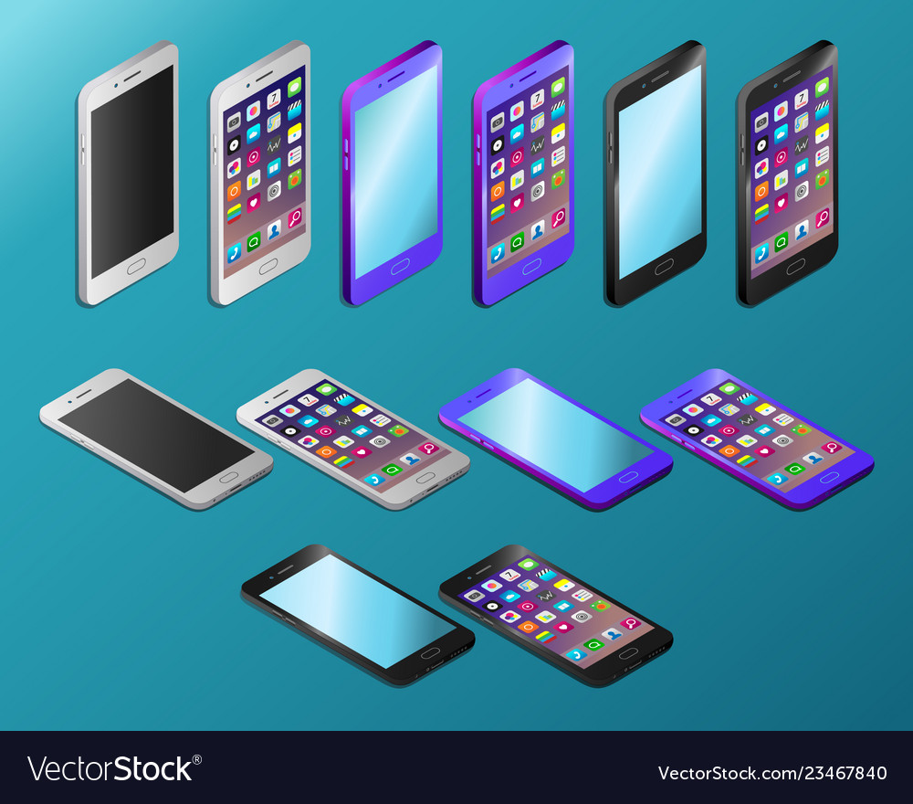 Colored realistic smartphones in isometry Vector Image