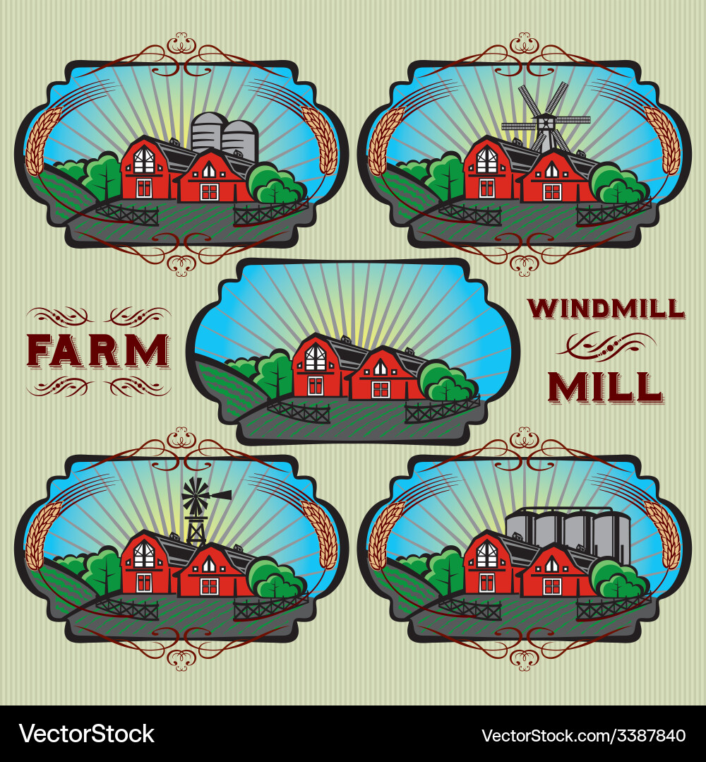 Set farm mill windmill rural landscape Royalty Free Vector