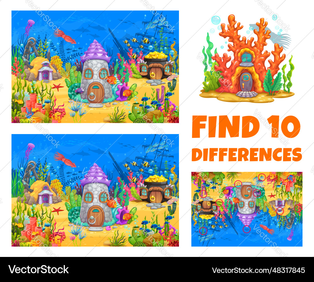 Find ten differences underwater landscape houses Vector Image