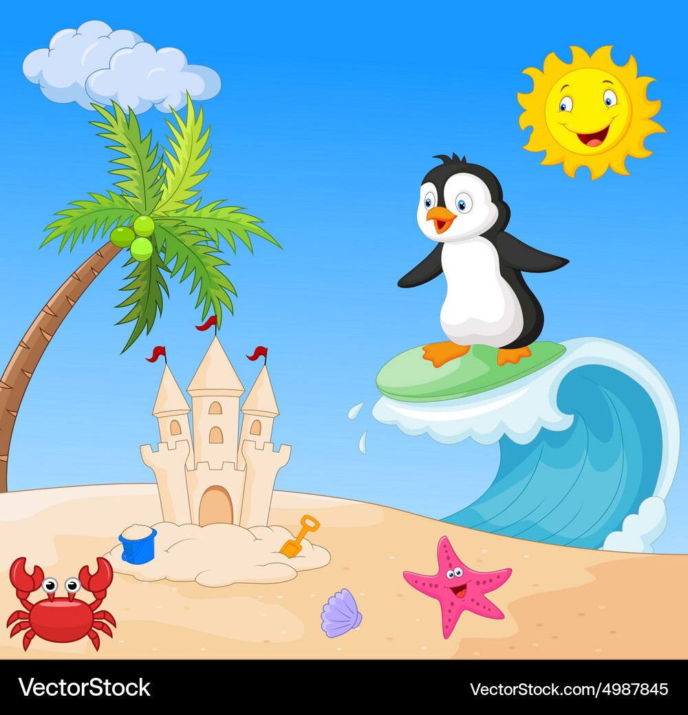 Happy penguin cartoon surfing Royalty Free Vector Image