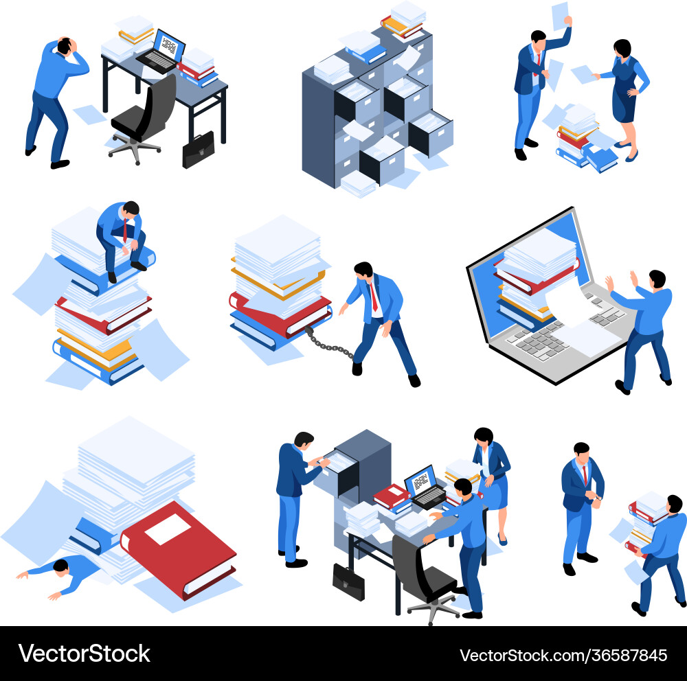 Isometric unorganized office icons Royalty Free Vector Image