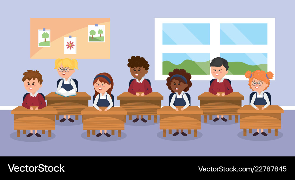 Students children in classroom with school Vector Image