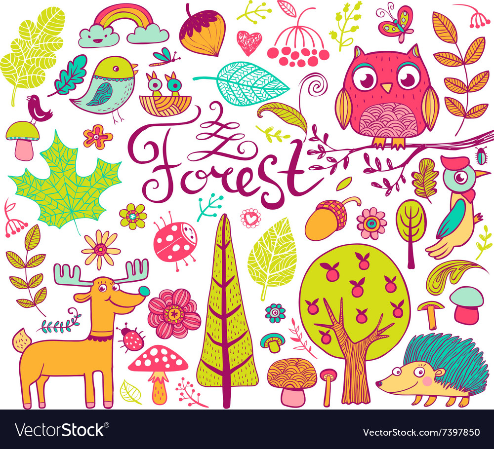 Forest design elements in doodle style Royalty Free Vector