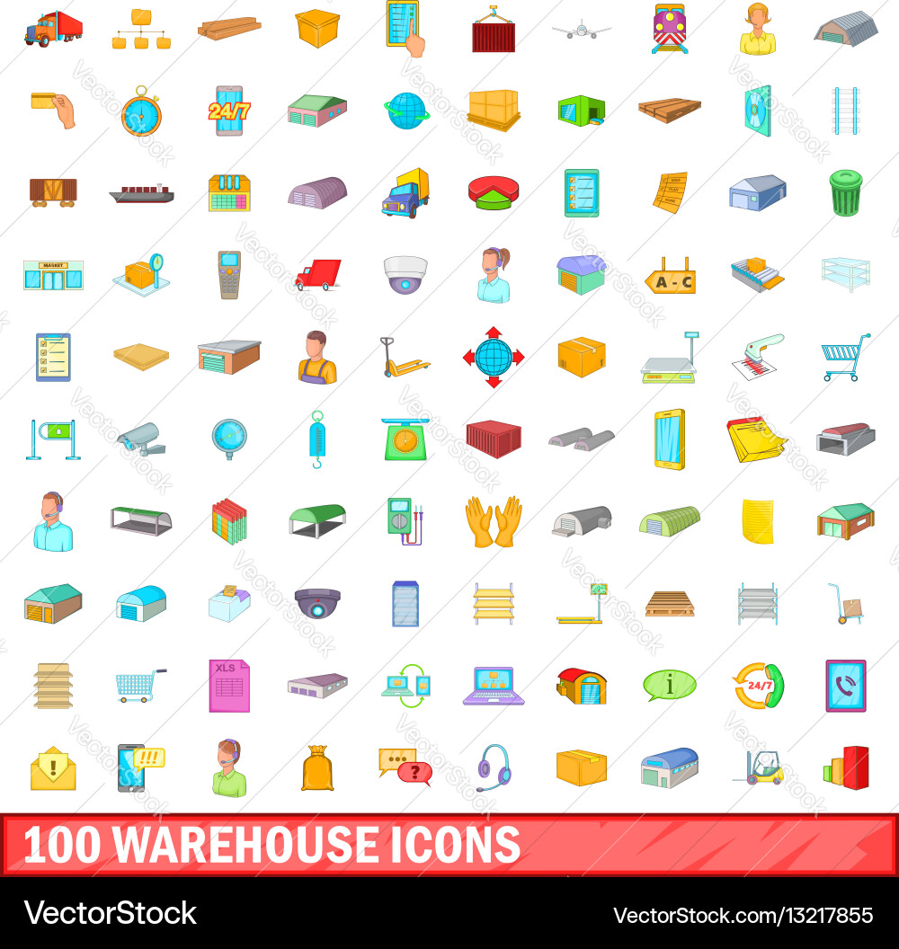 100 warehouse icons set cartoon style Royalty Free Vector