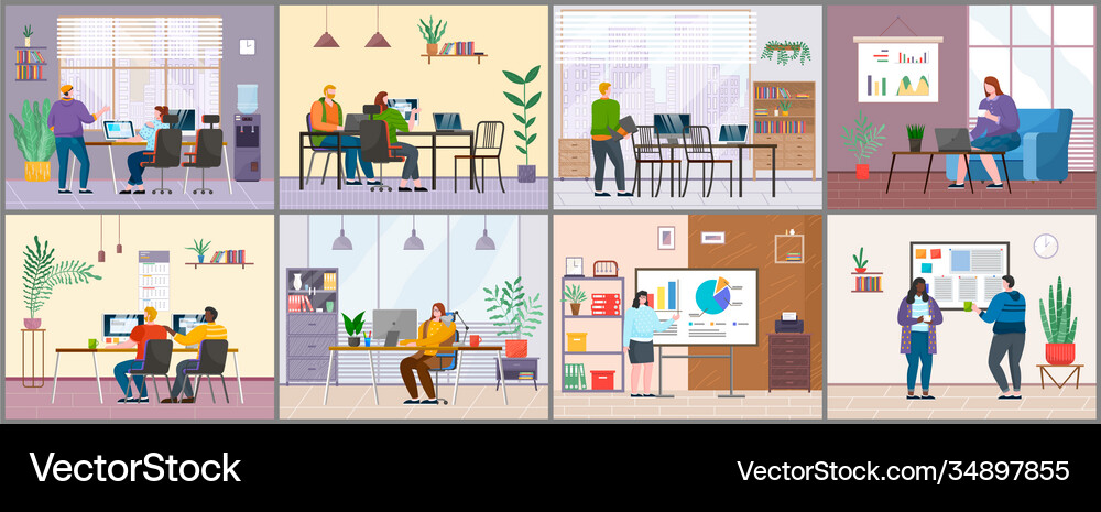 Employees in office engaged in various activities Vector Image