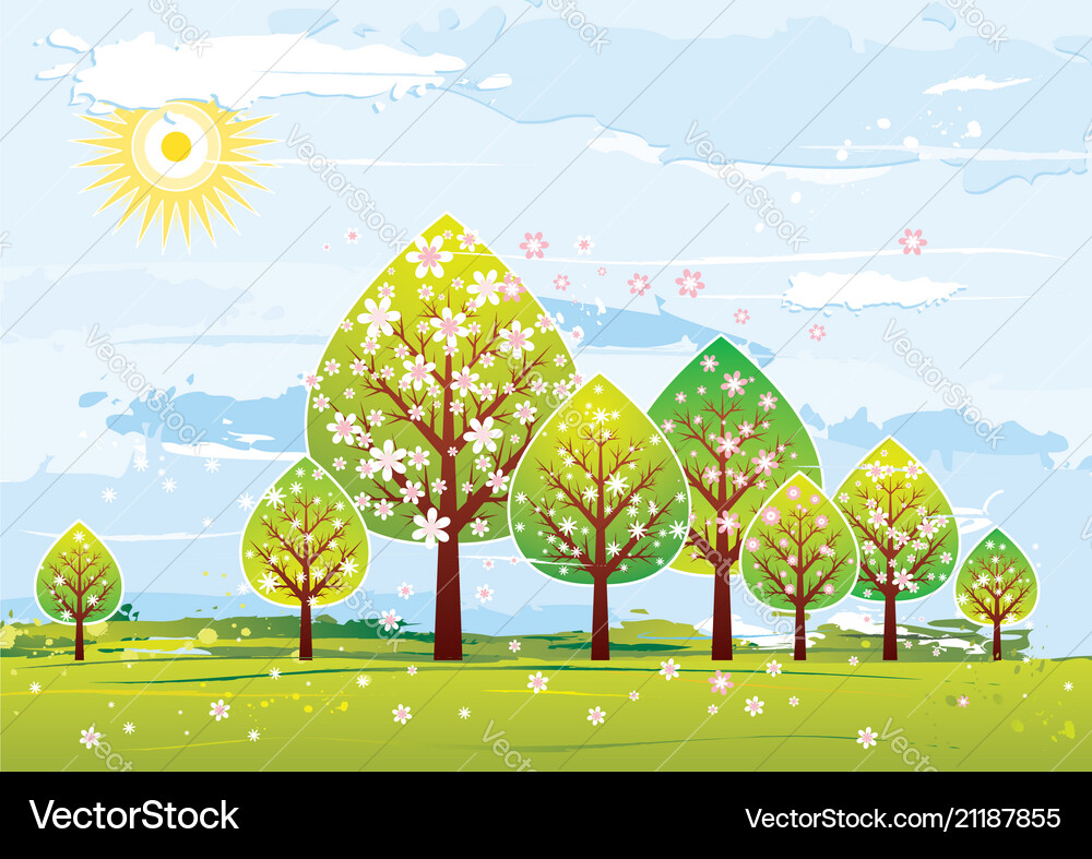 Landscape with many trees flowers Royalty Free Vector Image