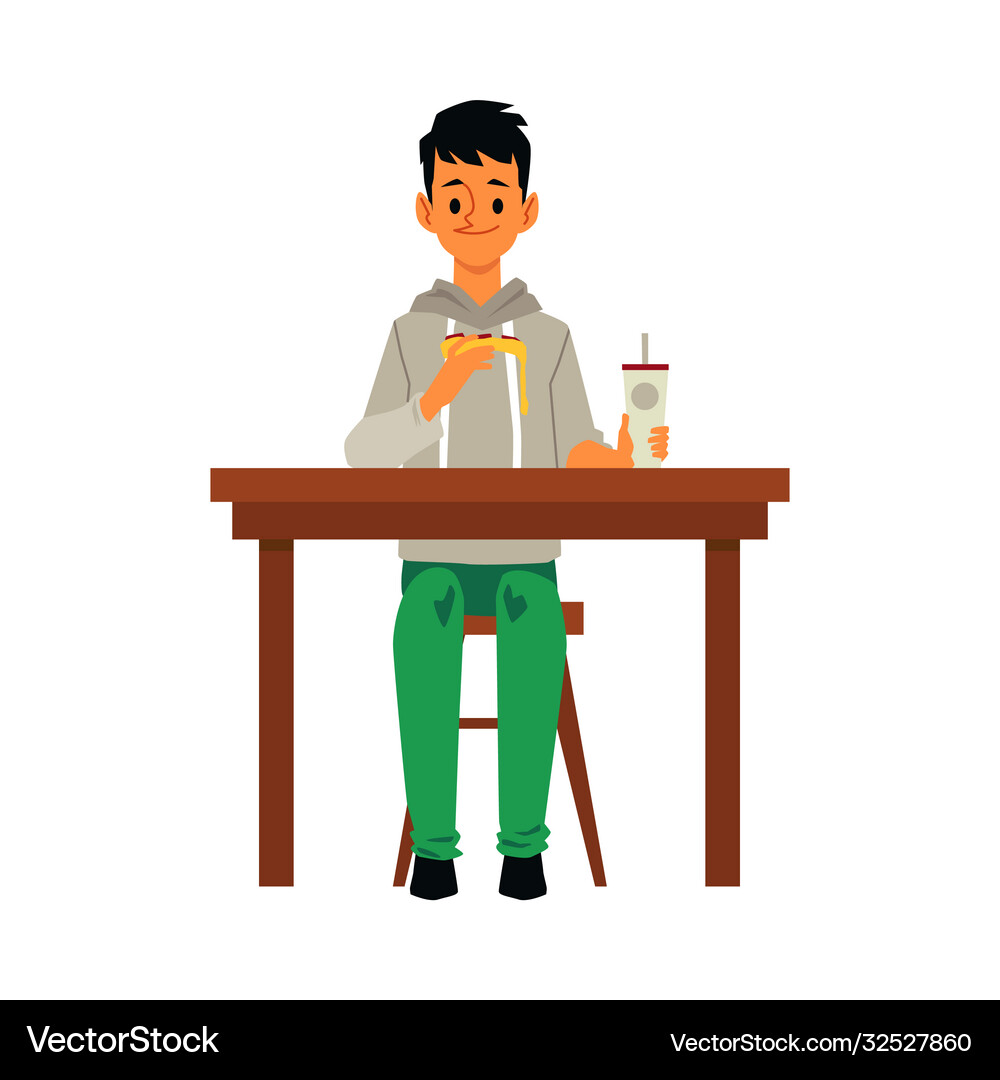 Man character sitting at table eating pizza flat Vector Image