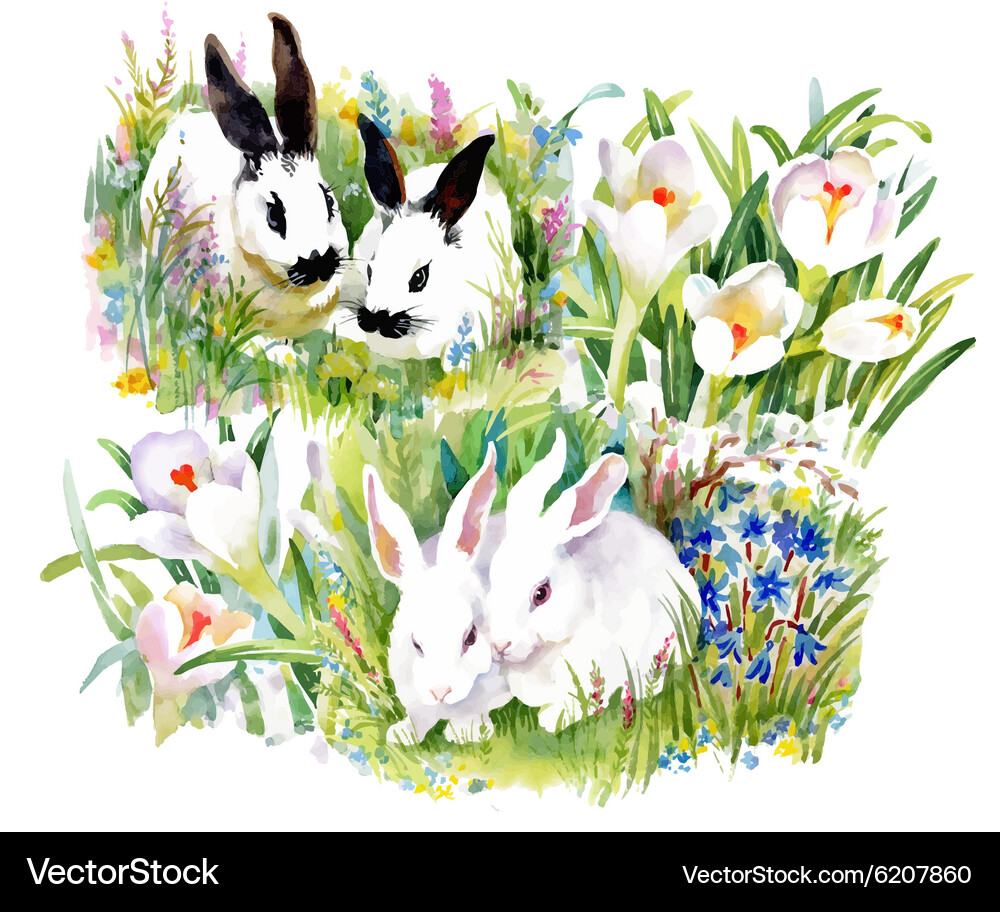 Watercolor rabbits with flowers seamless pattern Vector Image