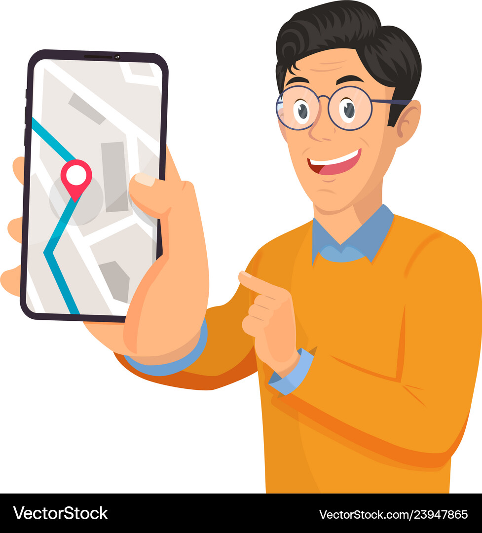 Man holding phone and showing screen with map Vector Image