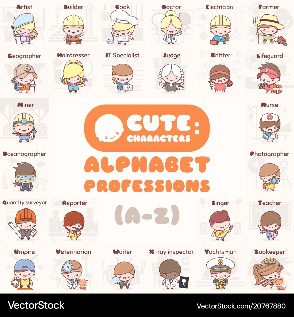 Cute kawaii characters alphabet professions Vector Image